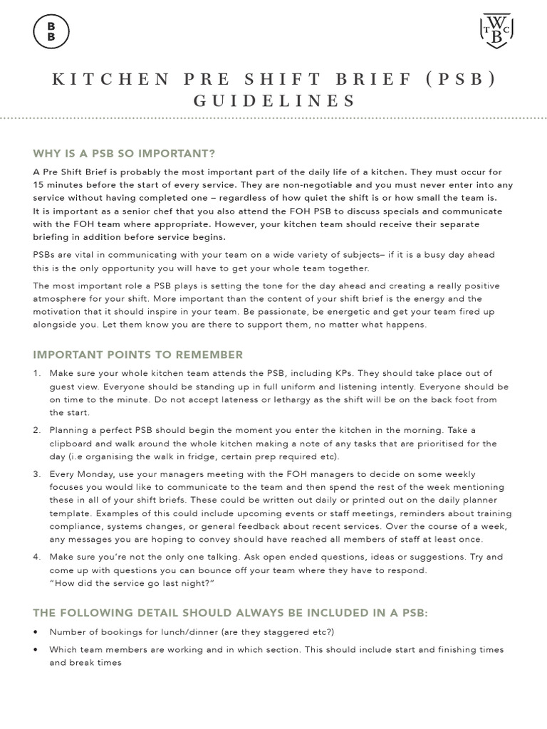 Essential Kitchen Pre Shift Briefing Guide | PDF | Communication ...