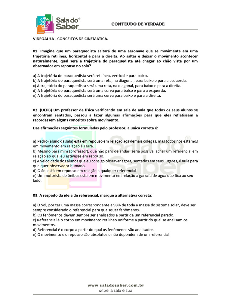 05 - Videoaula - Conceitos de Cinemática | PDF | Trajetória | Fenômenos físicos