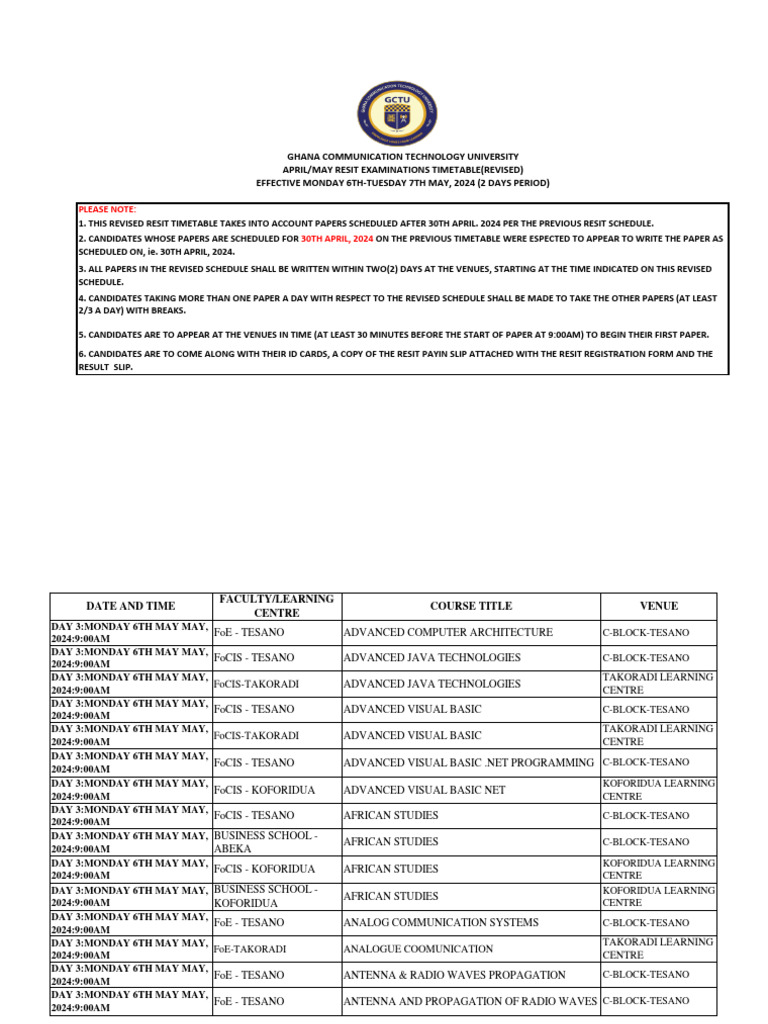 Revised Resit Exam Titmetable April May The Final 2 | PDF ...