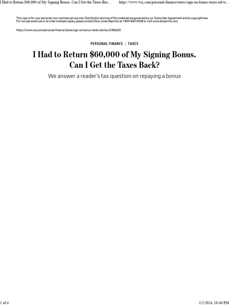 I Had To Return $60,000 of My Signing Bonus. Can I Get The Taxes Back ...