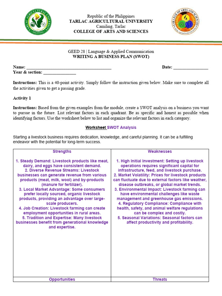 SWOT Analysis for Livestock Business Plan | PDF | Livestock | Agriculture
