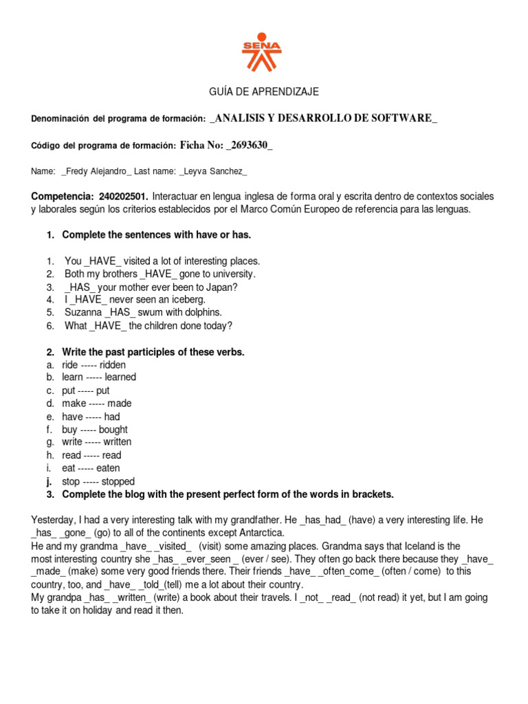 Present Perfect Practice | PDF