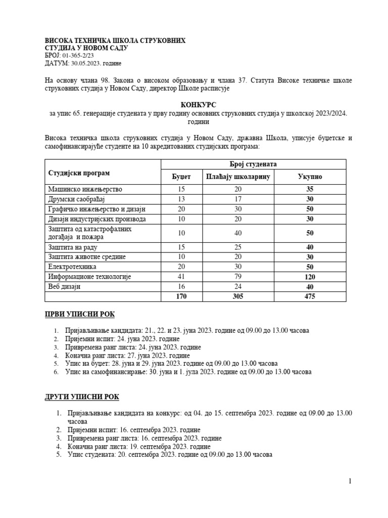 Konkurs Za Upis Osnovne Studije 2023 2024 Jun Kraci | PDF