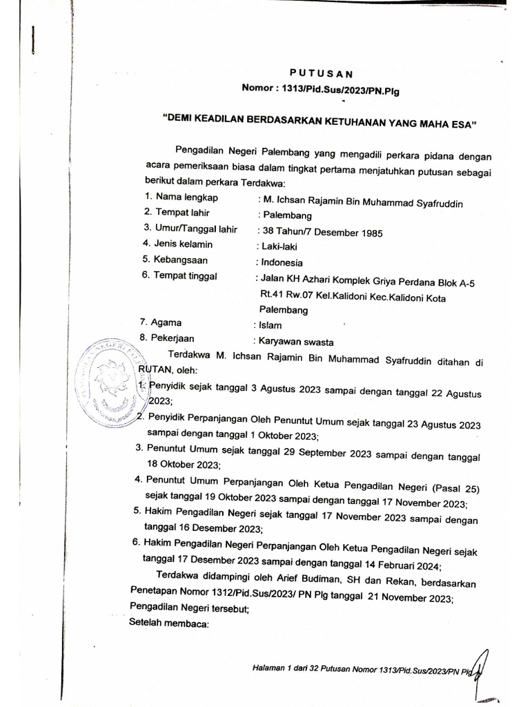 Putusan 1313 - Pid - Sus - 2023 - PN - PLG An M. Ichsan Rajamin | PDF