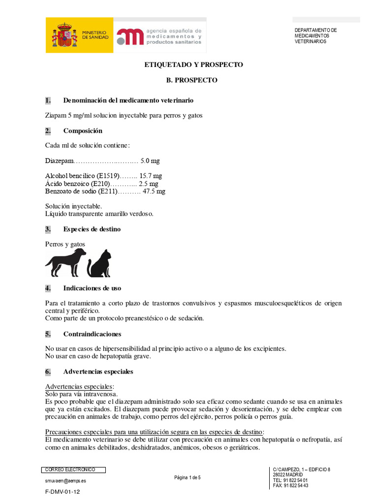 Ziapam: Solución Inyectable para Perros y Gatos | PDF | Medicamentos ...