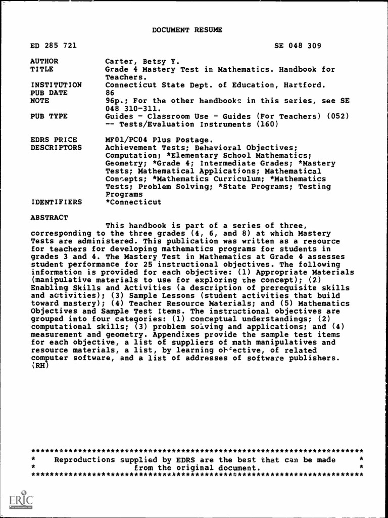 Grade 4 Mastery Test in Mathematics - Handbook For Teachers | PDF ...