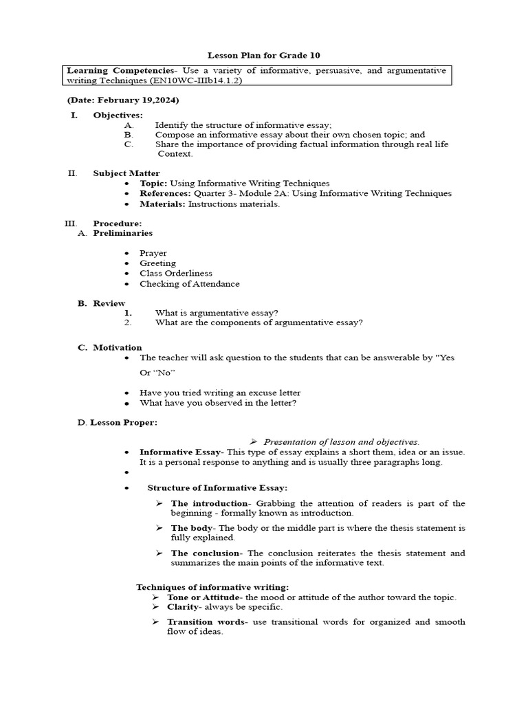 Grade 10 Informative Writing Lesson Plan | PDF | Recycling | Essays