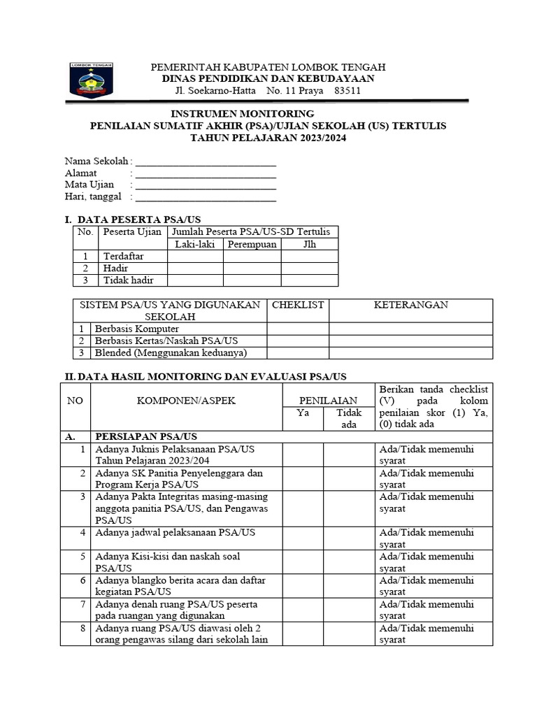 Instrumen Monev Us Tertulis 2024 | PDF