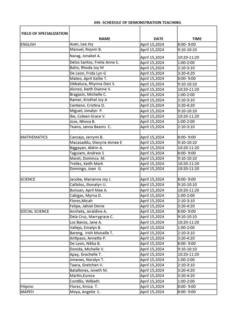 JHS SHS Demonstration Schedule | PDF