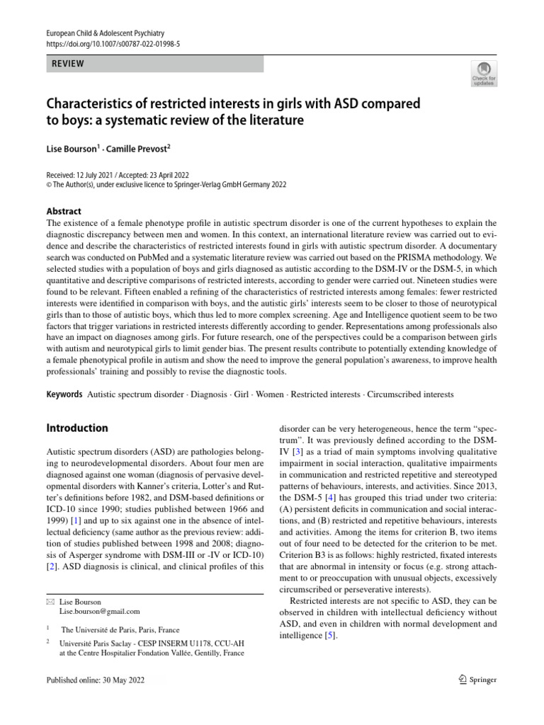 Characteristics of Restricted Interests in Girls With ASD Compared To ...
