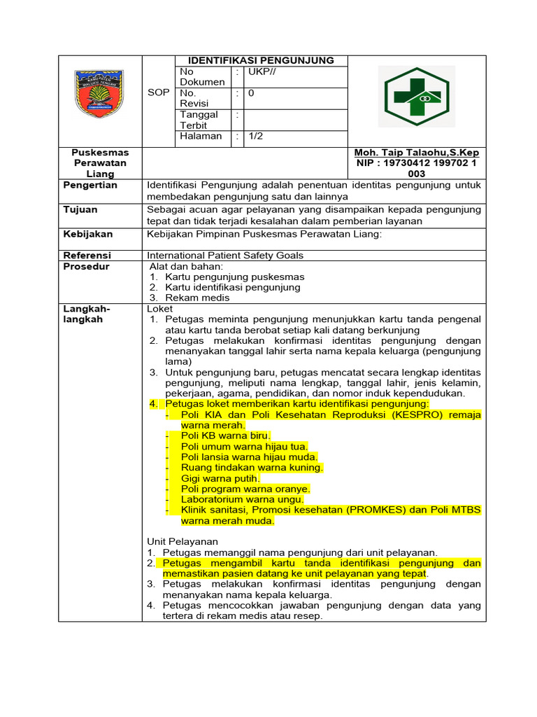 SOP Identifikasi Pengunjung Puskesmas | PDF