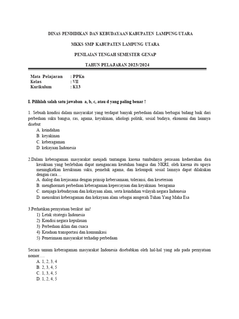 PTS PPKN 7 Genap K 13 | PDF