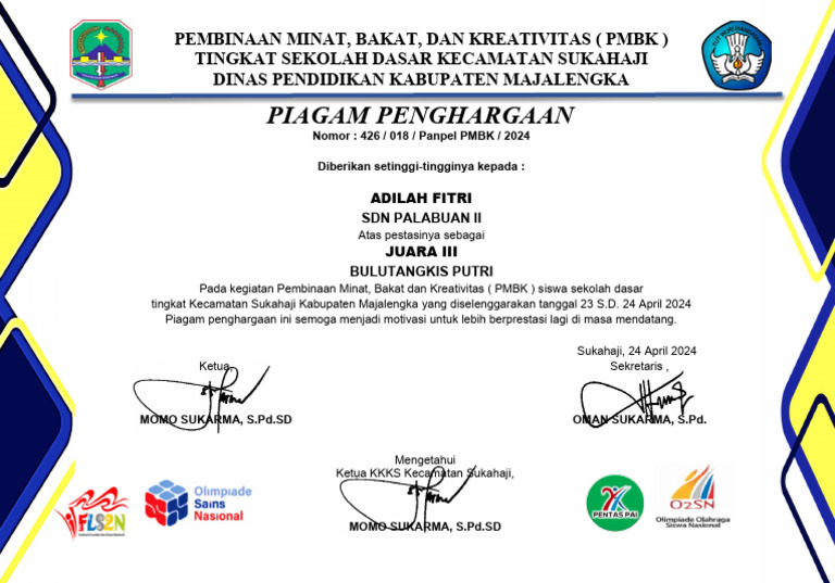 Piagam Kejuaran O2SN | PDF