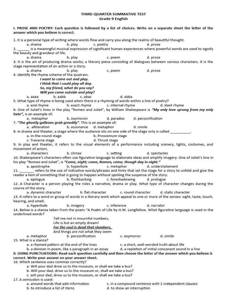 3rd Quarter Summative Test g9 | PDF | Poetry | Rhyme