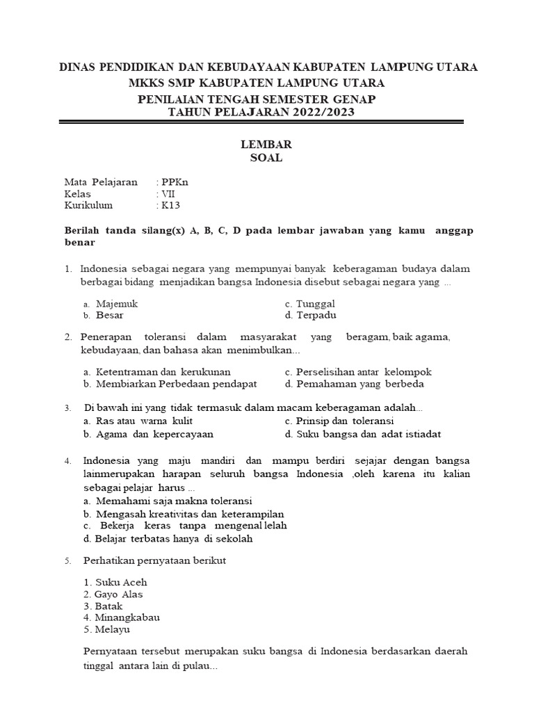 1.SOAL PPKN PTS GENAP KELAS 7 2022-2023 K13 (AutoRecovered) | PDF