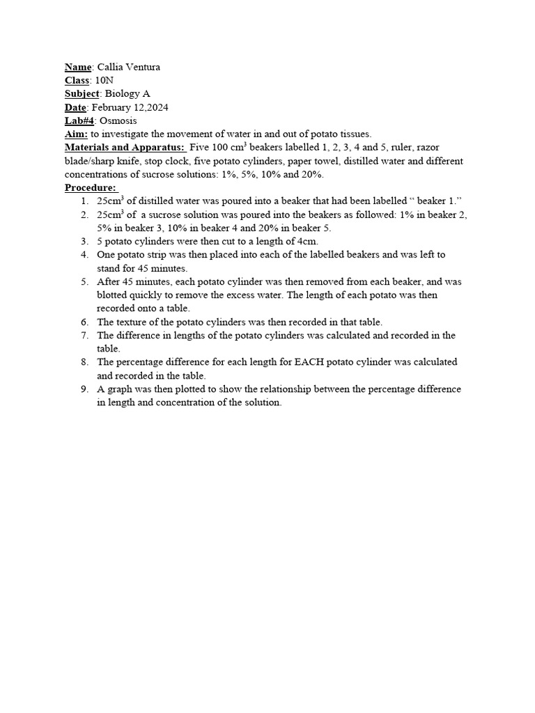 Biology Lab 4 Osmosis | PDF | Osmosis | Chemistry