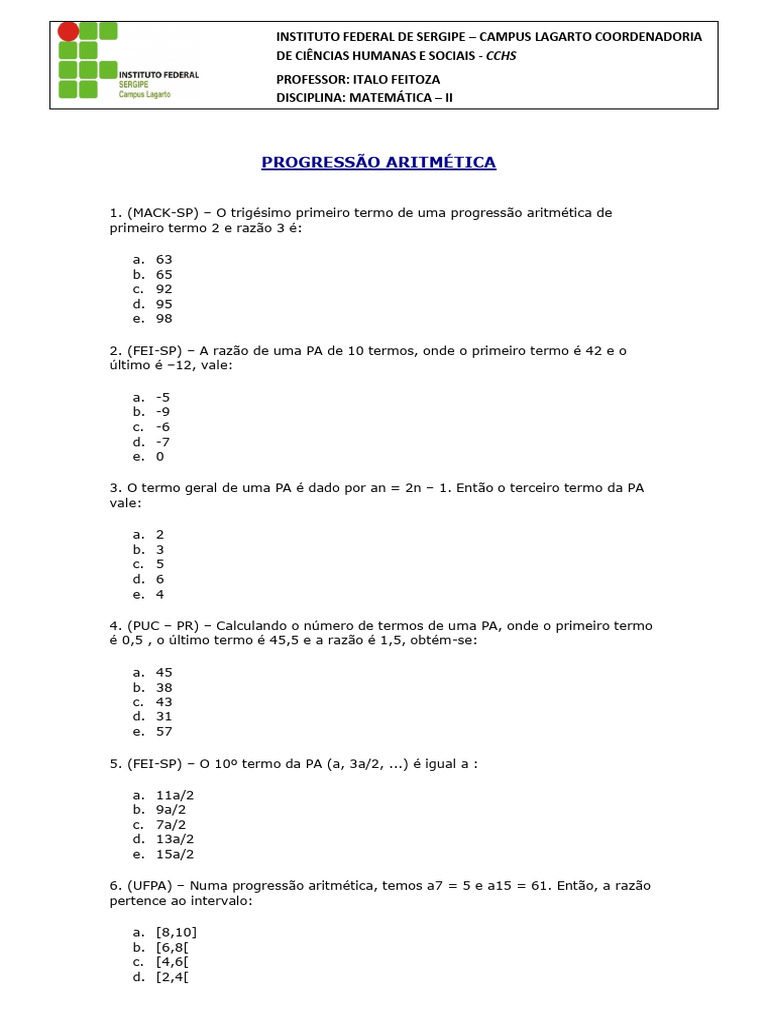 1 Lista de Exercicios - Progressao Aritmetica | PDF | Aritmética ...
