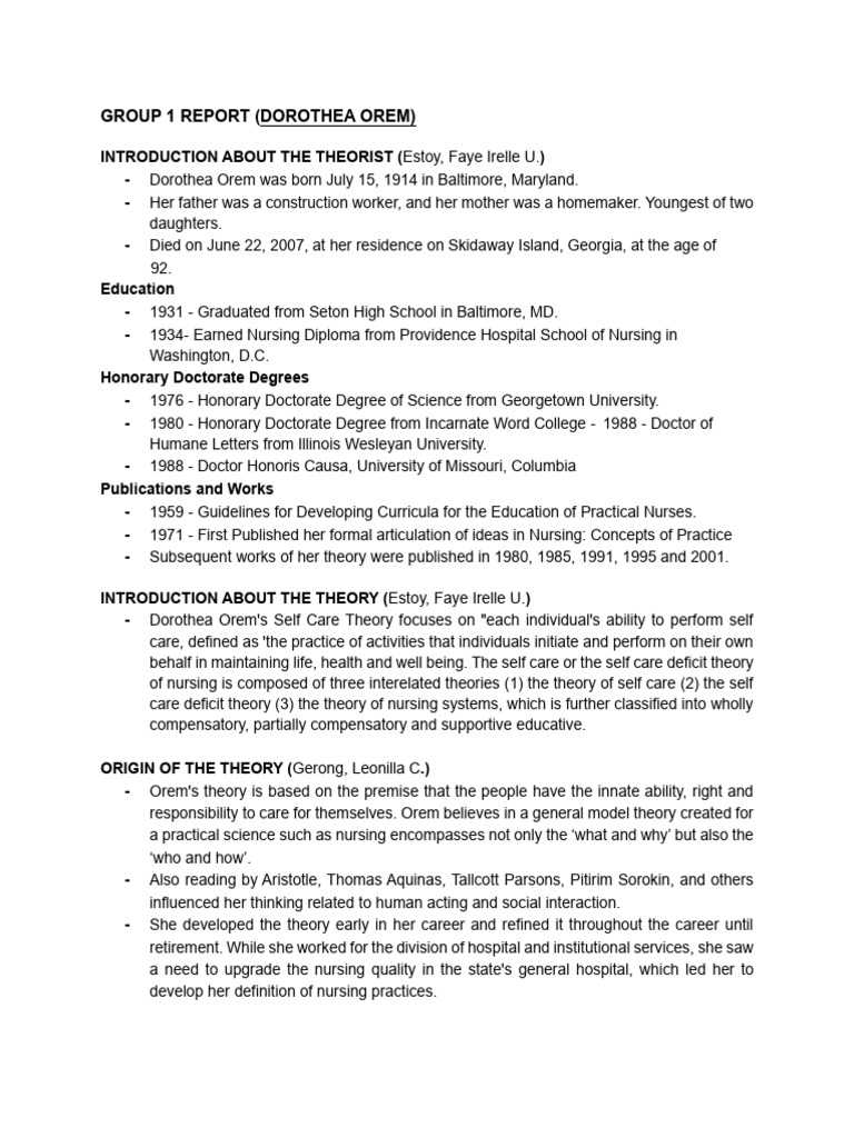 Dorothea E. Orem (G1) - Health Education | PDF | Nursing | Psychology
