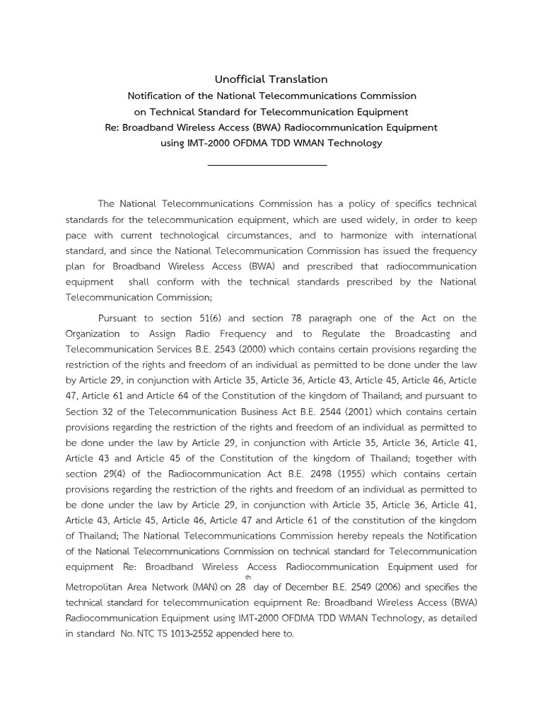 NBTC BWA Radio Communication Equipment Using IMT-2000 OFDMA TDD WMAN Technology (NTC TS 1013 ...
