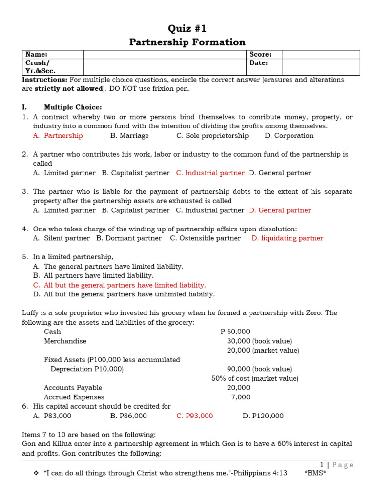 Partnership Formation Reviewer Operation Pdf Book Value Partnership