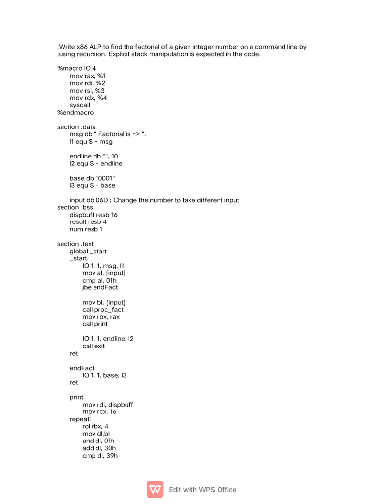 x86 Assembly: Recursive Factorial | PDF