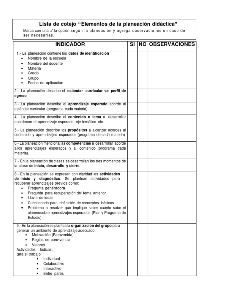 Lista de Cotejo - Elementos de La Planeacion | PDF | Evaluación ...