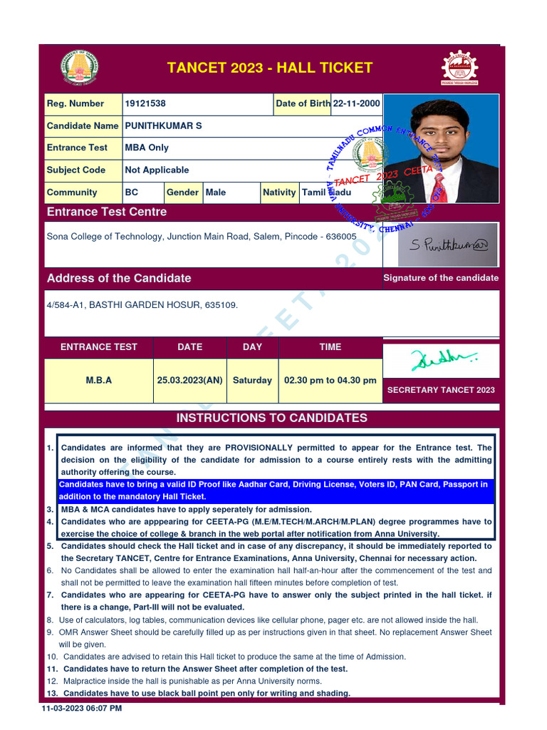 Tancet Hall Ticket | PDF