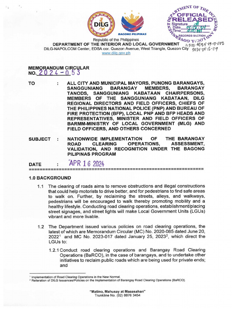 DILG MC No. 2024 053 Dated April 16 2024 Re MC Nationwide Implementation of BaRCO Sa Bagong ...