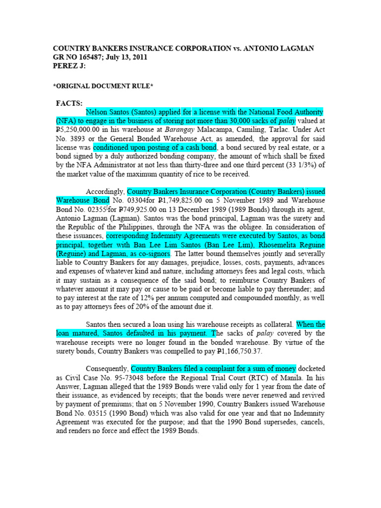 Country Bankers vs. Lagman Case Summary | PDF | Surety | Bonds (Finance)
