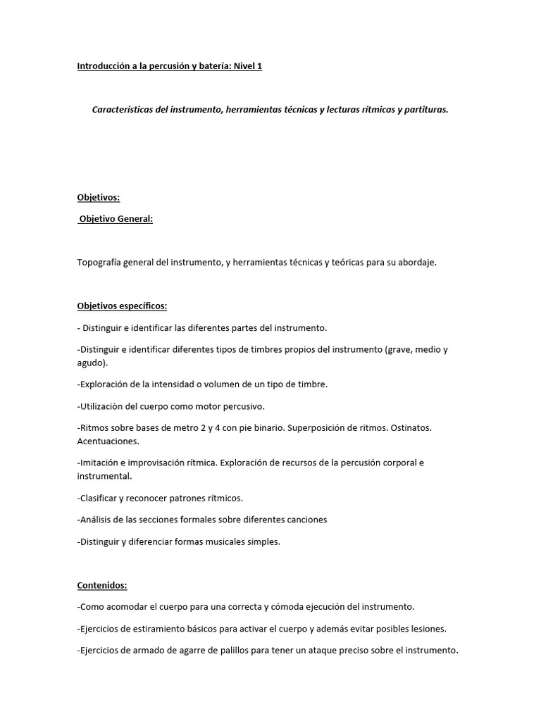 Planificación de Introducción A La Percusión y Batería | PDF | Ritmo | Evaluación