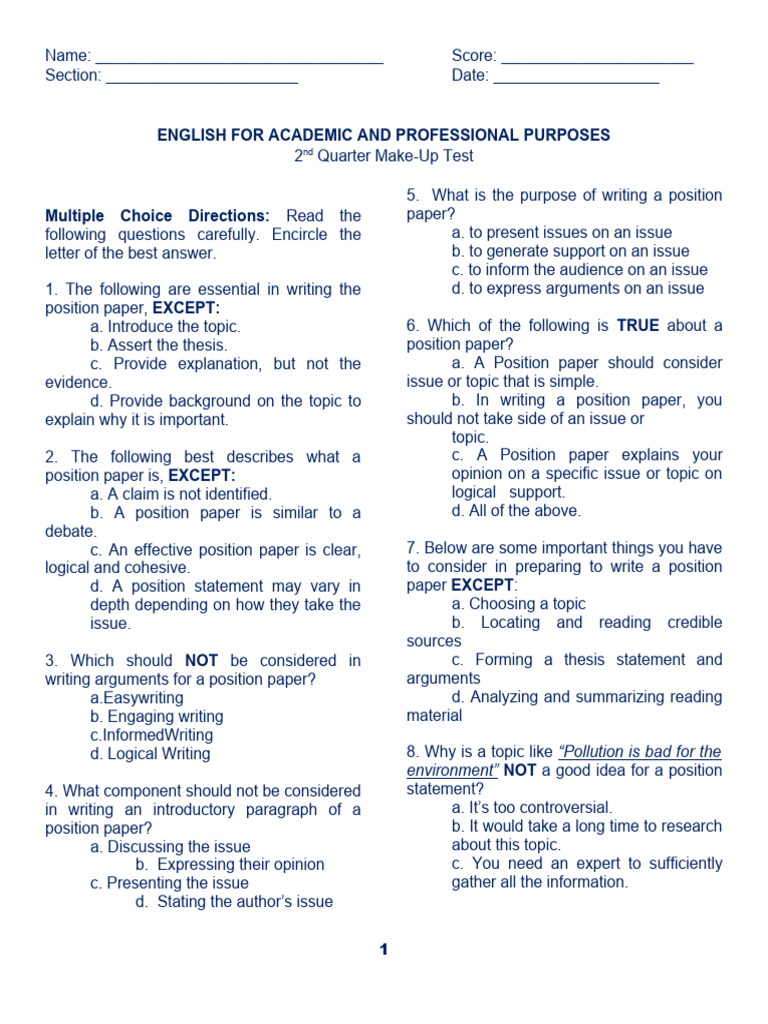 EAPP 100-Item Test | Download Free PDF | Survey Methodology | Essays