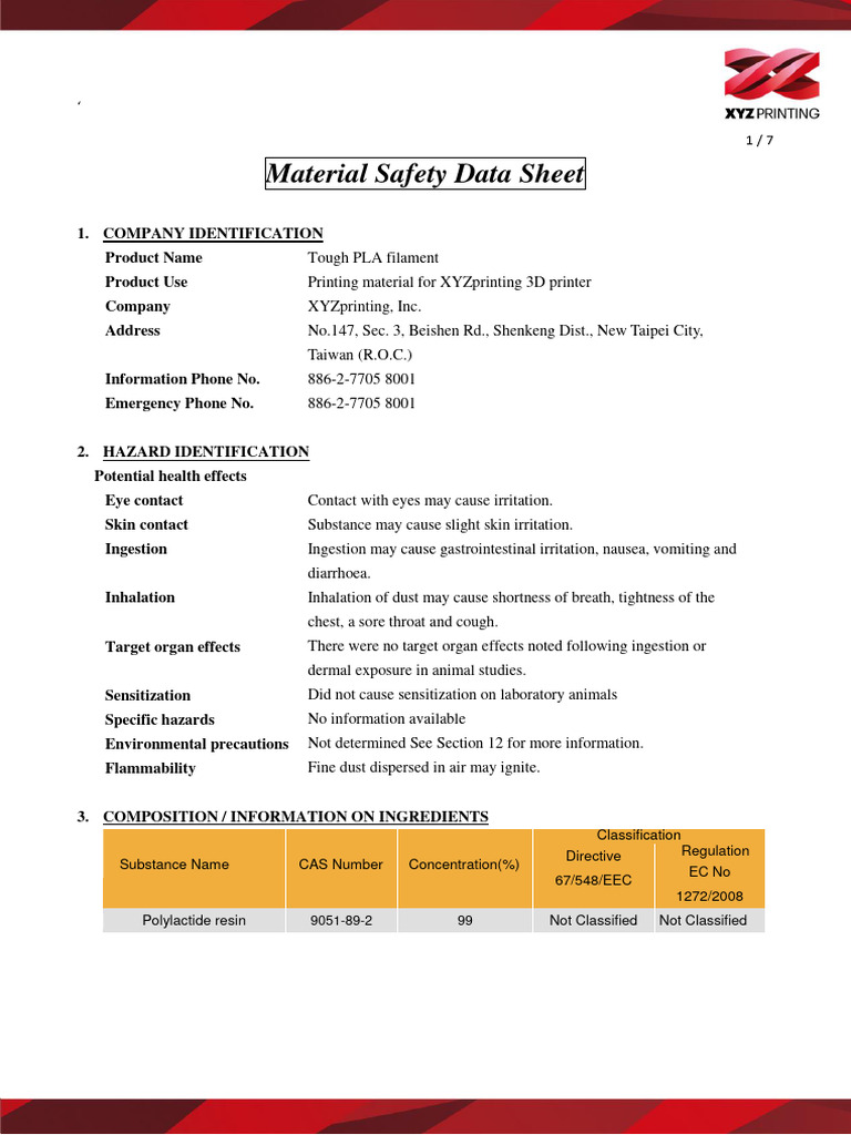Material Safety Data Sheet - Tough PLA | PDF | Carbon Dioxide ...