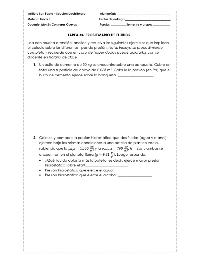 Tarea #2_Fisica II_2P_Problemario de presión | PDF