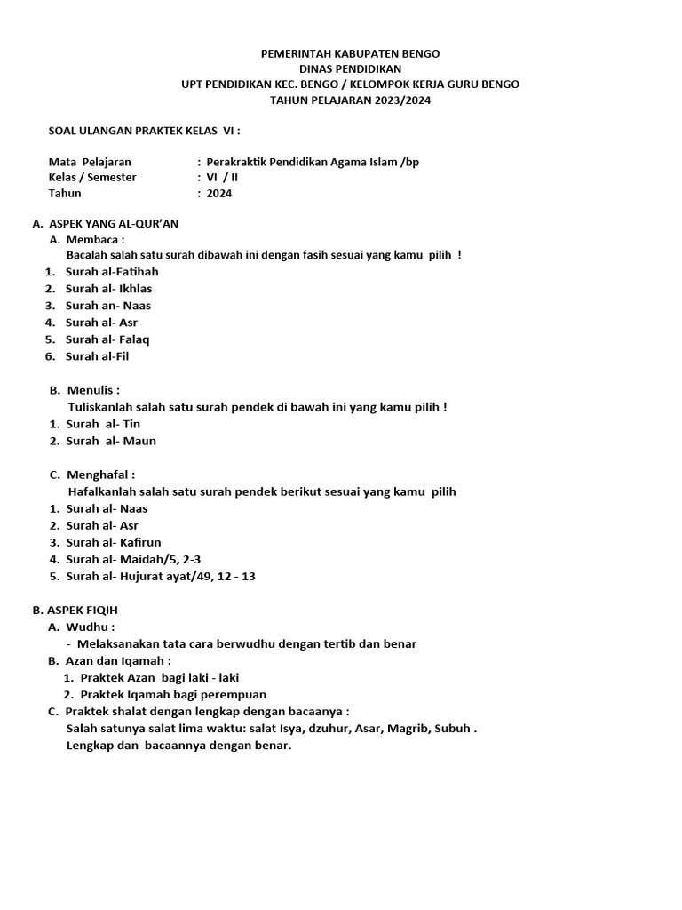 Soal UJIAN PRAKTEK PAI Kelas 6 2024 | PDF