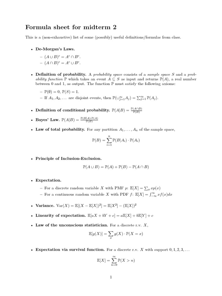 Midterm2 Formula Sheet | PDF | Measure Theory | Probability Theory