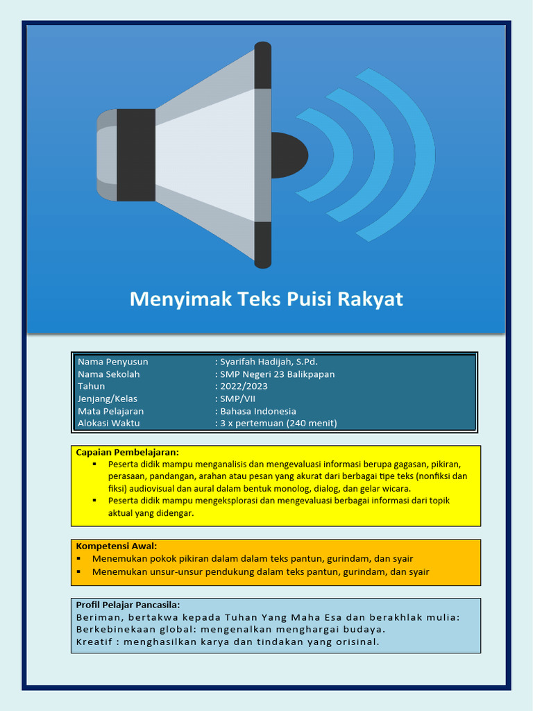 Modul Ajar Klas 7 Bab 3 PUISI RAKYAT-Menyimak-ed | PDF