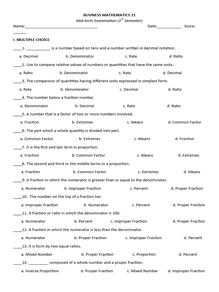 Business Math- Exam | PDF | Ratio | Mathematics
