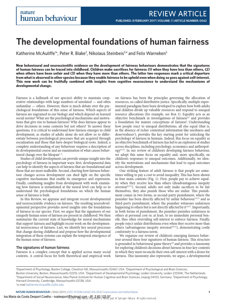 The Developmental Foundations of Human Fairness | PDF | Psychology ...