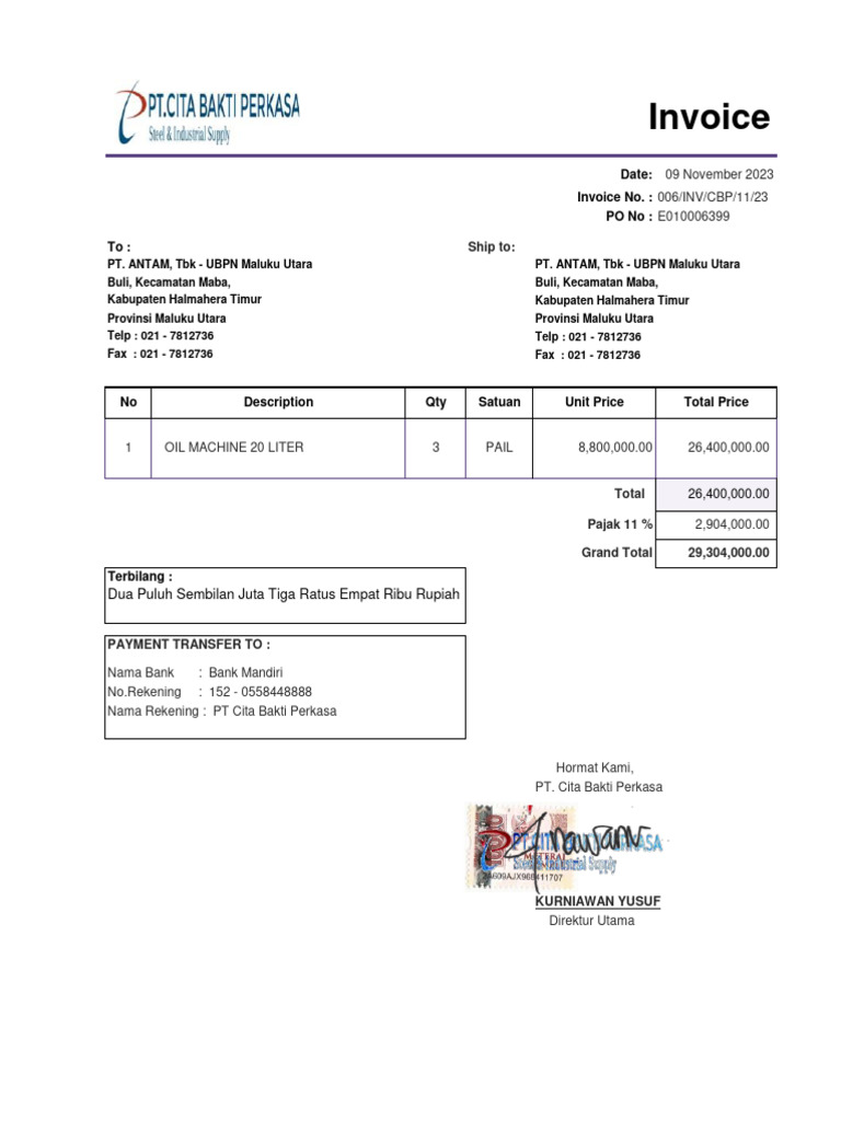 Invoice Pembelian Oli PT ANTAM | PDF