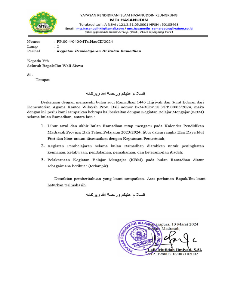 Surat Pemberitahuan KBM Puasa 2024 | PDF