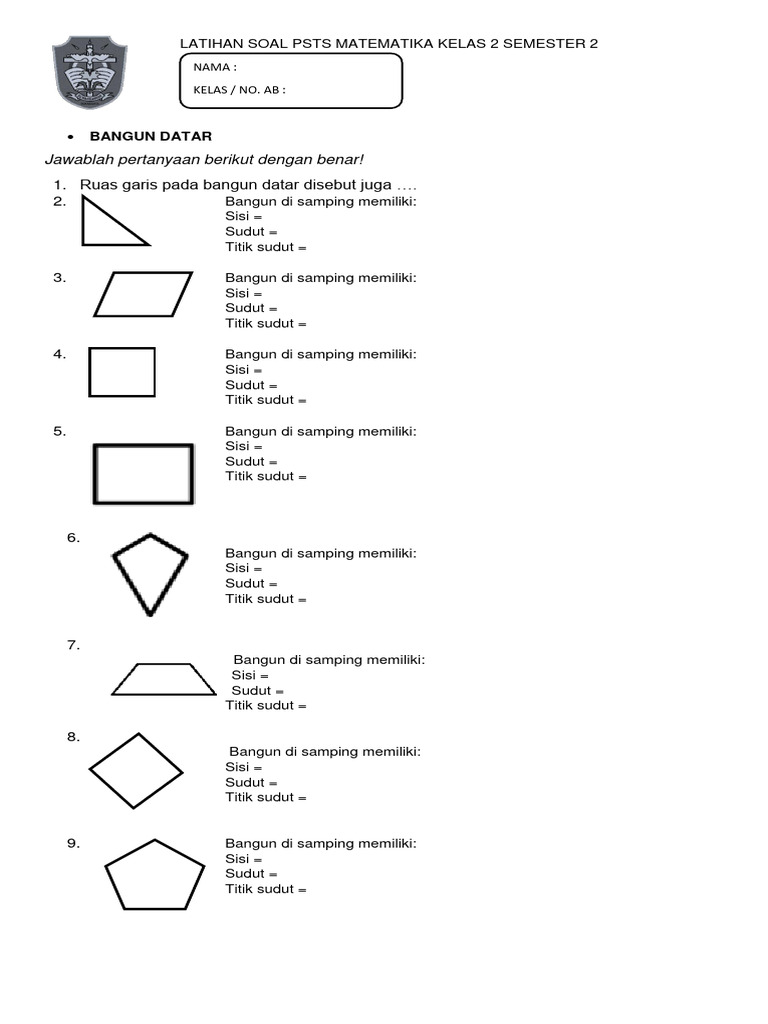 Latihan Soal PSTS Matematika Materi Bangun Datar & Ruang Kelas 2 | PDF
