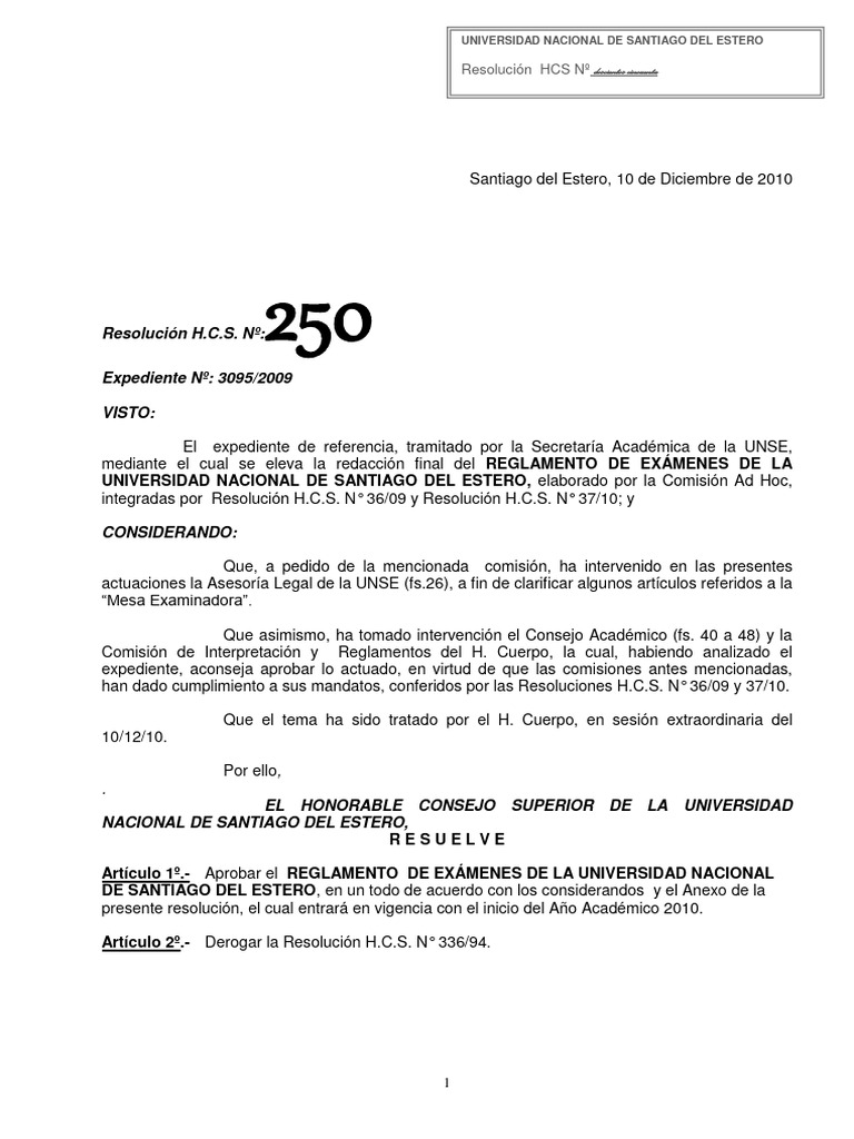 Res HCS 250-10 REGLAMENTO EXAMENES | PDF | Parentesco