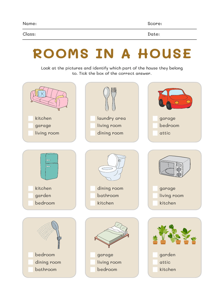 Brown Printable Rooms in A House Worksheet | PDF