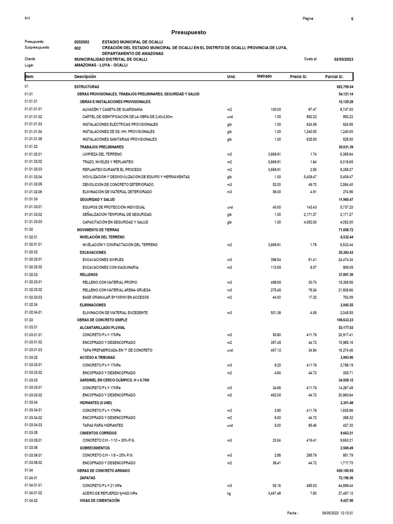 Presupuesto Estadio Ocalli | PDF | Ingeniero civil | Edificios y estructuras