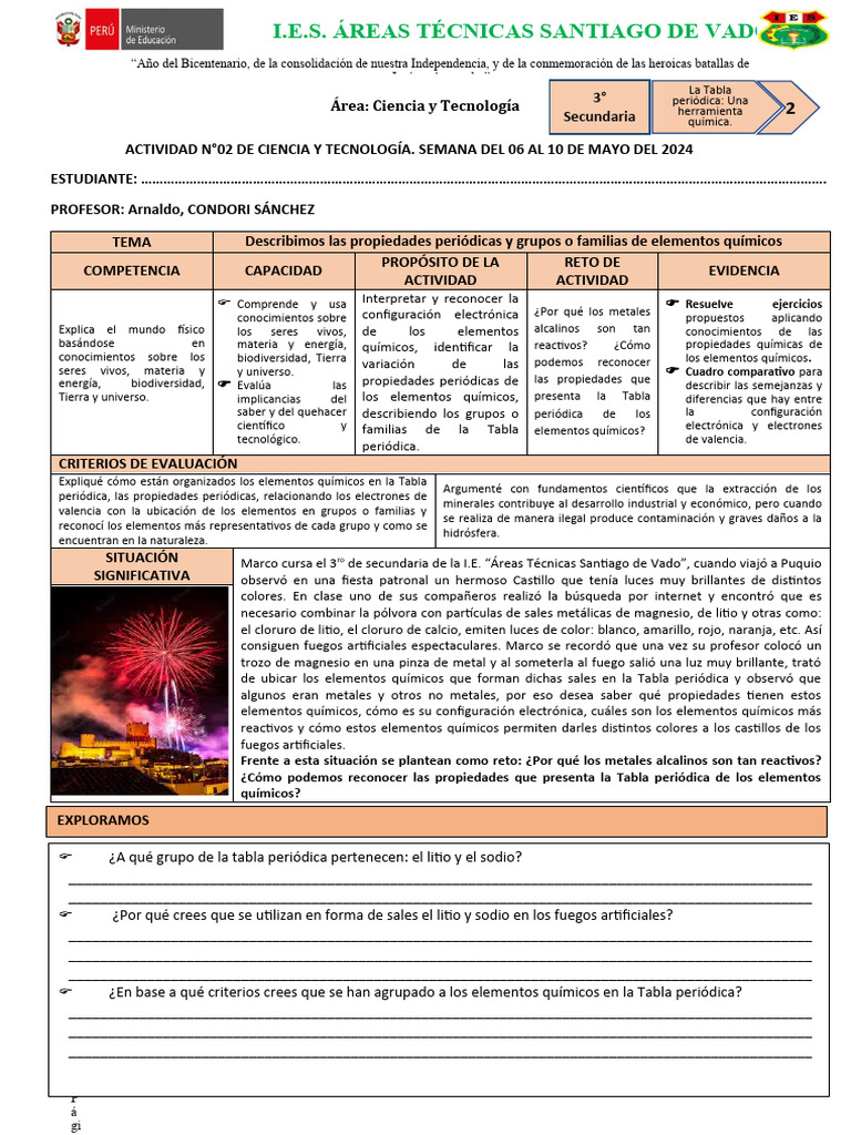 3° SEC. EDA 2 SEMANA 2 Explica CYT 2023 Describimos Las Propiedades Periódicas y Grupos o ...