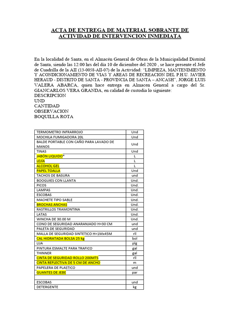 Acta de Entrega de Material Sobrante en Almacen General MDS | PDF
