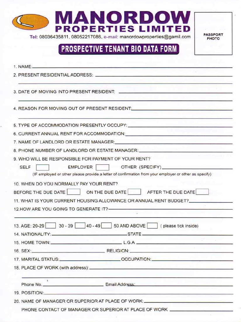 0 - 0 - 0 - Prospective Tenant Bio Data Form | PDF
