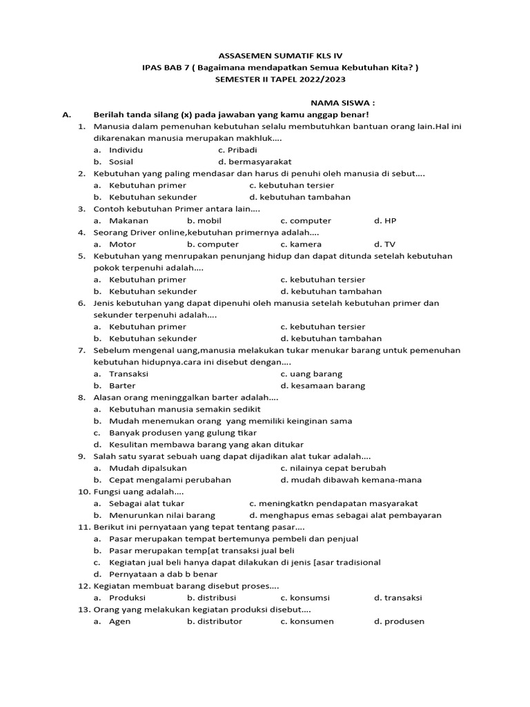 Assasemen Sumatif KLS Iv Ipas 7 | PDF