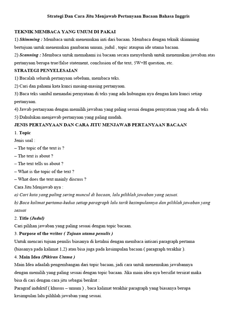Strategi Dan Cara Jitu Menjawab Pertanyaan Bacaan Bahasa Inggris | PDF