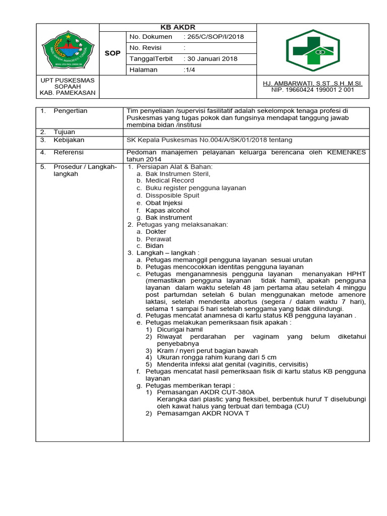 SOP Pemasangan AKDR di Puskesmas | PDF